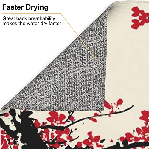 Japanese Floral Cherry Blossom Printed Drying Mat For Kitchen Ultra Absorbent Microfiber Dishes Drainer Mats Non-Slip Silicone Quick Dry Pad - 18 X 16inch