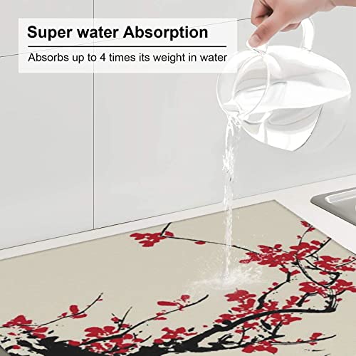 Japanese Floral Cherry Blossom Printed Drying Mat For Kitchen Ultra Absorbent Microfiber Dishes Drainer Mats Non-Slip Silicone Quick Dry Pad - 18 X 16inch