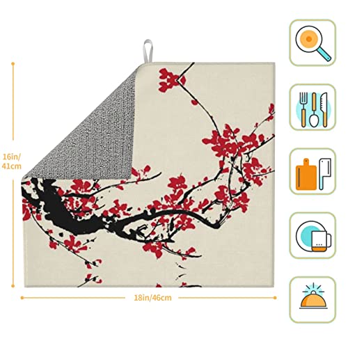 Japanese Floral Cherry Blossom Printed Drying Mat For Kitchen Ultra Absorbent Microfiber Dishes Drainer Mats Non-Slip Silicone Quick Dry Pad - 18 X 16inch