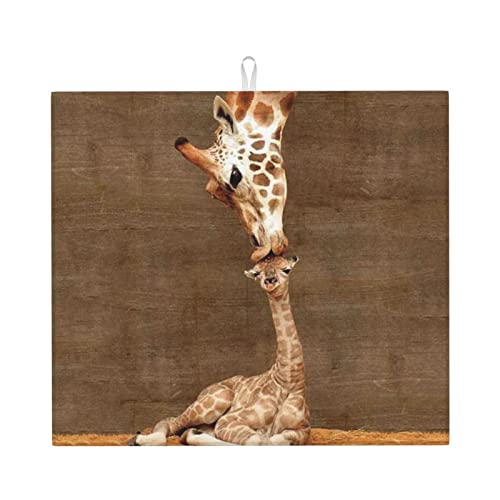 giraffe Printed Drying Mat For Kitchen Ultra Absorbent Microfiber Dishes Drainer Mats Non-Slip Silicone Quick Dry Pad - 18 X 16inch