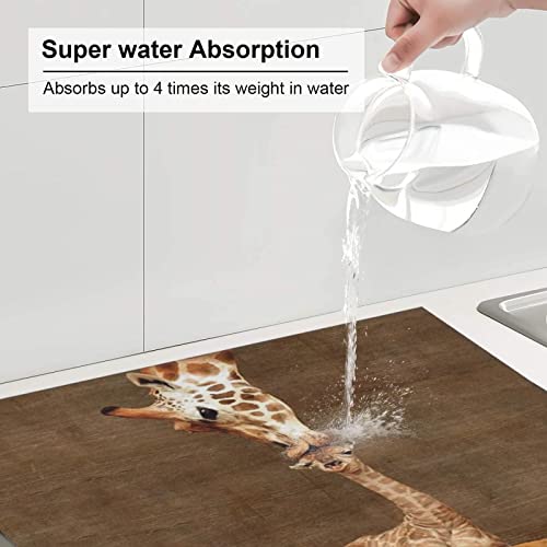 giraffe Printed Drying Mat For Kitchen Ultra Absorbent Microfiber Dishes Drainer Mats Non-Slip Silicone Quick Dry Pad - 18 X 16inch