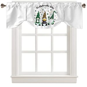 Semi-Sheer Kitchen Valances for Windows, Adjustable Tie Up Valances Curtains Light Filtering, St Patrick's Day White Background Shamrock Gnomes and Gold Coin Elegant Window Toppers Valances 42x12in