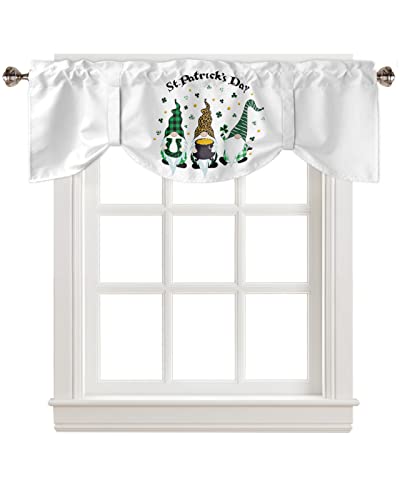 Semi-Sheer Kitchen Valances for Windows, Adjustable Tie Up Valances Curtains Light Filtering, St Patrick's Day White Background Shamrock Gnomes and Gold Coin Elegant Window Toppers Valances 42x12in