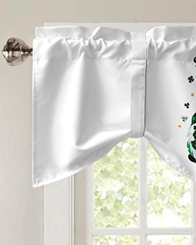 Semi-Sheer Kitchen Valances for Windows, Adjustable Tie Up Valances Curtains Light Filtering, St Patrick's Day White Background Shamrock Gnomes and Gold Coin Elegant Window Toppers Valances 42x12in