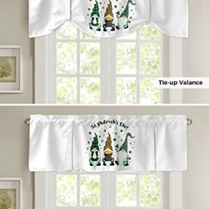 Semi-Sheer Kitchen Valances for Windows, Adjustable Tie Up Valances Curtains Light Filtering, St Patrick's Day White Background Shamrock Gnomes and Gold Coin Elegant Window Toppers Valances 42x12in