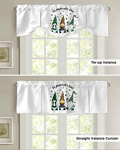 Semi-Sheer Kitchen Valances for Windows, Adjustable Tie Up Valances Curtains Light Filtering, St Patrick's Day White Background Shamrock Gnomes and Gold Coin Elegant Window Toppers Valances 42x12in