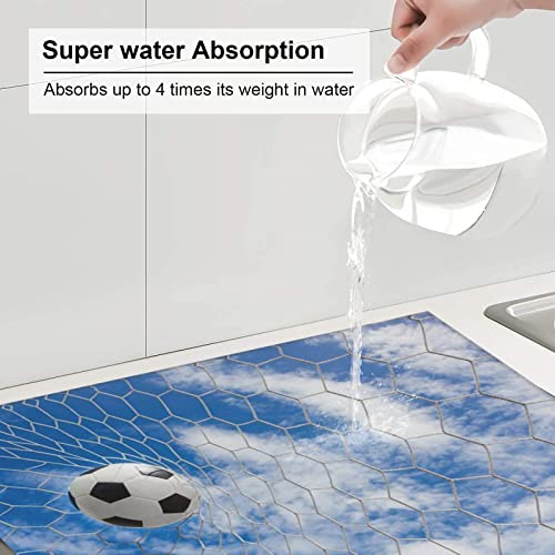 Football Blue-sky Printed Drying Mat For Kitchen Ultra Absorbent Microfiber Dishes Drainer Mats Non-Slip Silicone Quick Dry Pad - 18 X 16inch