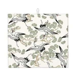 japanese crane & pine printed drying mat for kitchen ultra absorbent microfiber dishes drainer mats non-slip silicone quick dry pad - 18 x 16inch