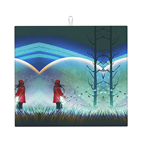 Guitar Girl Printed Drying Mat For Kitchen Ultra Absorbent Microfiber Dishes Drainer Mats Non-Slip Silicone Quick Dry Pad - 18 X 16inch