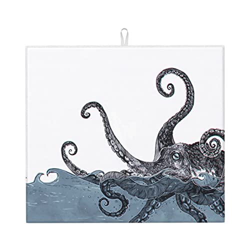 Octopus in the sea Printed Drying Mat For Kitchen Ultra Absorbent Microfiber Dishes Drainer Mats Non-Slip Silicone Quick Dry Pad - 18 X 16inch