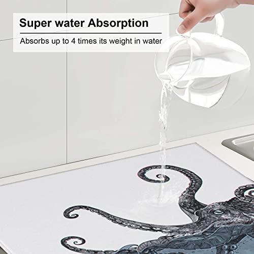 Octopus in the sea Printed Drying Mat For Kitchen Ultra Absorbent Microfiber Dishes Drainer Mats Non-Slip Silicone Quick Dry Pad - 18 X 16inch