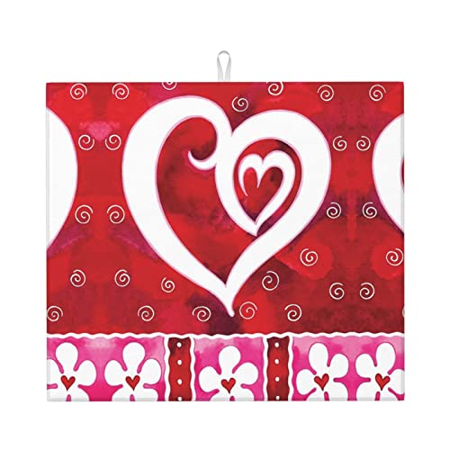 Heart & Flowers Printed Drying Mat For Kitchen Ultra Absorbent Microfiber Dishes Drainer Mats Non-Slip Silicone Quick Dry Pad - 18 X 16inch