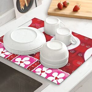 Heart & Flowers Printed Drying Mat For Kitchen Ultra Absorbent Microfiber Dishes Drainer Mats Non-Slip Silicone Quick Dry Pad - 18 X 16inch