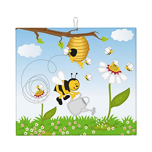 Funny Cute Bees Printed Drying Mat For Kitchen Ultra Absorbent Microfiber Dishes Drainer Mats Non-Slip Silicone Quick Dry Pad - 18 X 16inch