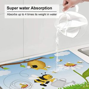 Funny Cute Bees Printed Drying Mat For Kitchen Ultra Absorbent Microfiber Dishes Drainer Mats Non-Slip Silicone Quick Dry Pad - 18 X 16inch