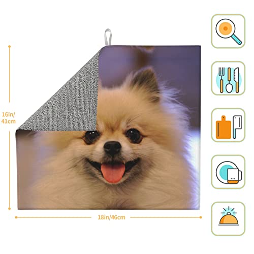 Happy short-haired pomeranian Printed Drying Mat For Kitchen Ultra Absorbent Microfiber Dishes Drainer Mats Non-Slip Silicone Quick Dry Pad - 18 X 16inch