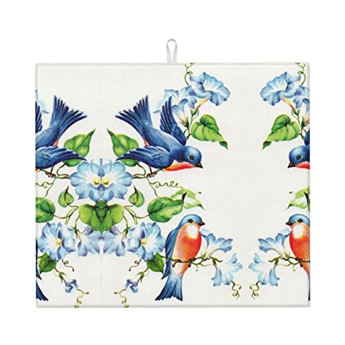 Happy Bluebirds Printed Drying Mat For Kitchen Ultra Absorbent Microfiber Dishes Drainer Mats Non-Slip Silicone Quick Dry Pad - 18 X 16inch