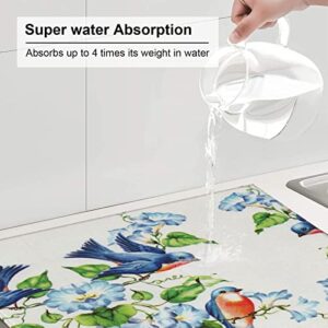 Happy Bluebirds Printed Drying Mat For Kitchen Ultra Absorbent Microfiber Dishes Drainer Mats Non-Slip Silicone Quick Dry Pad - 18 X 16inch