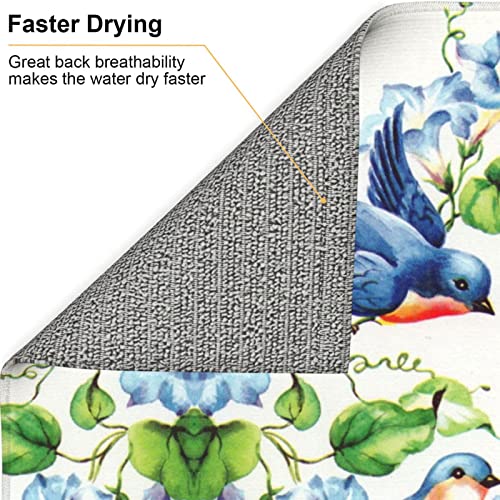 Happy Bluebirds Printed Drying Mat For Kitchen Ultra Absorbent Microfiber Dishes Drainer Mats Non-Slip Silicone Quick Dry Pad - 18 X 16inch