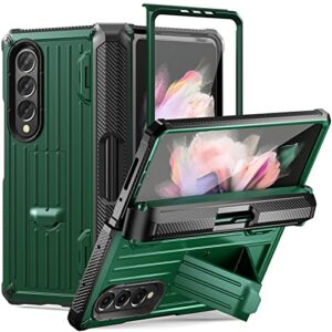 gooodidear galaxy z fold 3 case, heavy-duty, full body protection, anti-scratch, slim - foldable trolley case built-in pen slot, kickstand & screen protector - tpu/pc, wireless charging, army green