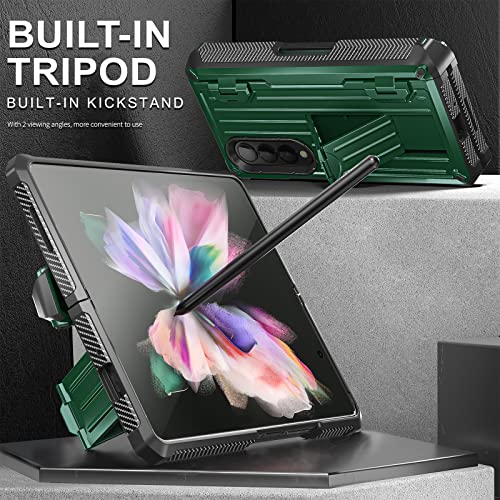 GooodiDEAR Galaxy Z Fold 3 Case, Heavy-Duty, Full Body Protection, Anti-Scratch, Slim - Foldable Trolley Case Built-in Pen Slot, Kickstand & Screen Protector - TPU/PC, Wireless Charging, Army Green