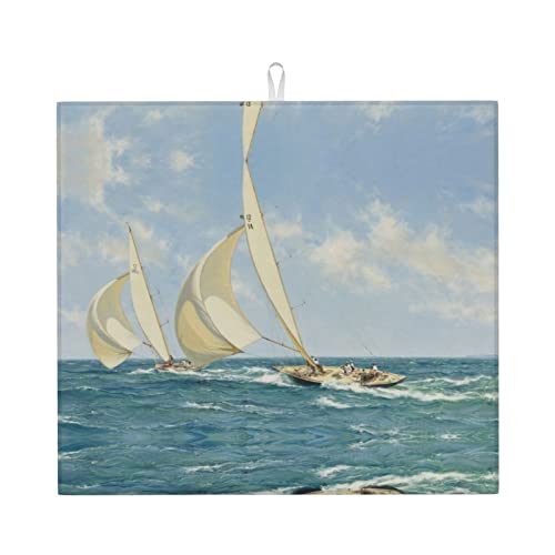 Sailboat Ship Landscape Printed Drying Mat For Kitchen Ultra Absorbent Microfiber Dishes Drainer Mats Non-Slip Silicone Quick Dry Pad - 18 X 16inch