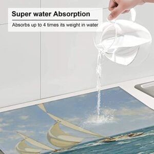 Sailboat Ship Landscape Printed Drying Mat For Kitchen Ultra Absorbent Microfiber Dishes Drainer Mats Non-Slip Silicone Quick Dry Pad - 18 X 16inch