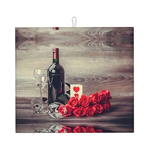 Red Wine Rose Printed Drying Mat For Kitchen Ultra Absorbent Microfiber Dishes Drainer Mats Non-Slip Silicone Quick Dry Pad - 18 X 16inch