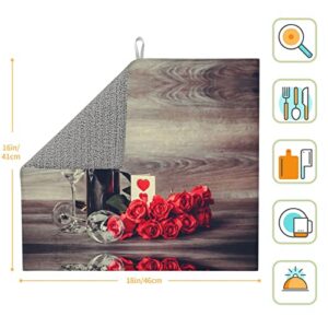 Red Wine Rose Printed Drying Mat For Kitchen Ultra Absorbent Microfiber Dishes Drainer Mats Non-Slip Silicone Quick Dry Pad - 18 X 16inch