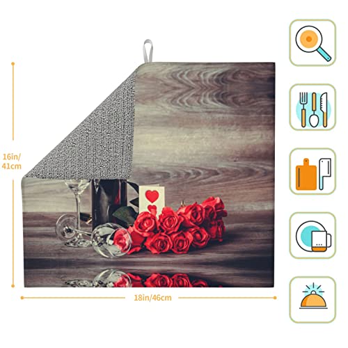 Red Wine Rose Printed Drying Mat For Kitchen Ultra Absorbent Microfiber Dishes Drainer Mats Non-Slip Silicone Quick Dry Pad - 18 X 16inch