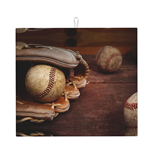 Retro Baseball Printed Drying Mat For Kitchen Ultra Absorbent Microfiber Dishes Drainer Mats Non-Slip Silicone Quick Dry Pad - 18 X 16inch