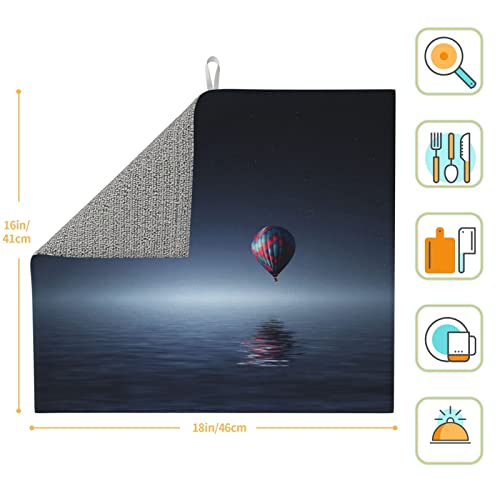 hot air balloon at night Printed Drying Mat For Kitchen Ultra Absorbent Microfiber Dishes Drainer Mats Non-Slip Silicone Quick Dry Pad - 18 X 16inch