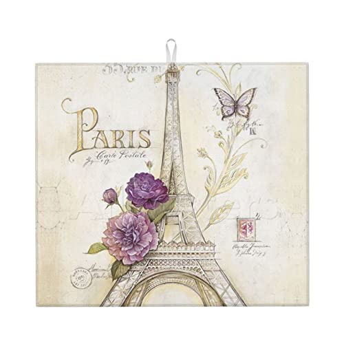 Light Brown Eiffel Tower Printed Drying Mat For Kitchen Ultra Absorbent Microfiber Dishes Drainer Mats Non-Slip Silicone Quick Dry Pad - 18 X 16inch