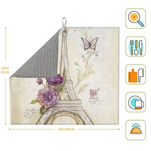 Light Brown Eiffel Tower Printed Drying Mat For Kitchen Ultra Absorbent Microfiber Dishes Drainer Mats Non-Slip Silicone Quick Dry Pad - 18 X 16inch