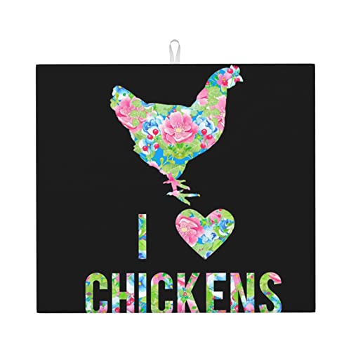 Flower heart chicken Printed Drying Mat For Kitchen Ultra Absorbent Microfiber Dishes Drainer Mats Non-Slip Silicone Quick Dry Pad - 18 X 16inch