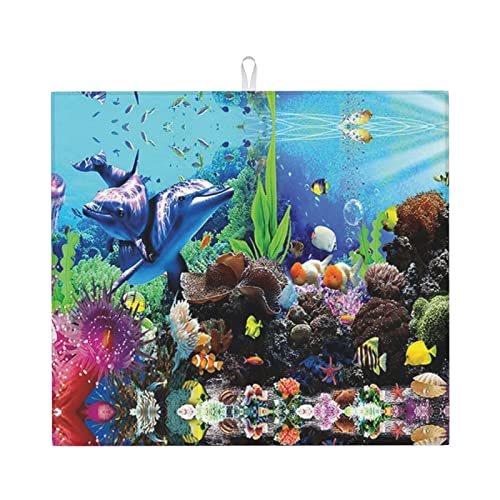 Marine Life Printed Drying Mat For Kitchen Ultra Absorbent Microfiber Dishes Drainer Mats Non-Slip Silicone Quick Dry Pad - 18 X 16inch