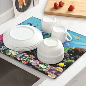 Marine Life Printed Drying Mat For Kitchen Ultra Absorbent Microfiber Dishes Drainer Mats Non-Slip Silicone Quick Dry Pad - 18 X 16inch