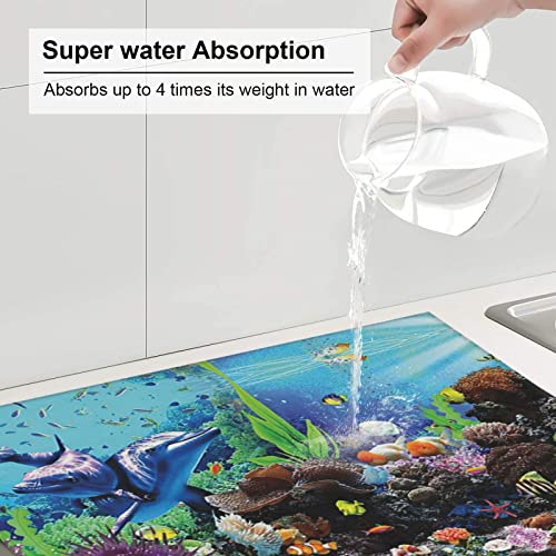 Marine Life Printed Drying Mat For Kitchen Ultra Absorbent Microfiber Dishes Drainer Mats Non-Slip Silicone Quick Dry Pad - 18 X 16inch