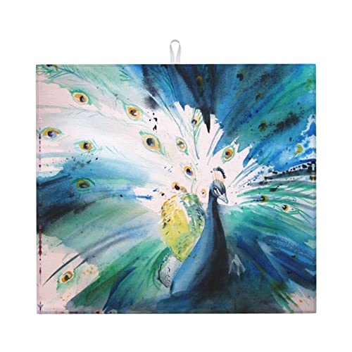 Peacock Spread Its Wings Printed Drying Mat For Kitchen Ultra Absorbent Microfiber Dishes Drainer Mats Non-Slip Silicone Quick Dry Pad - 18 X 16inch