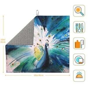 Peacock Spread Its Wings Printed Drying Mat For Kitchen Ultra Absorbent Microfiber Dishes Drainer Mats Non-Slip Silicone Quick Dry Pad - 18 X 16inch