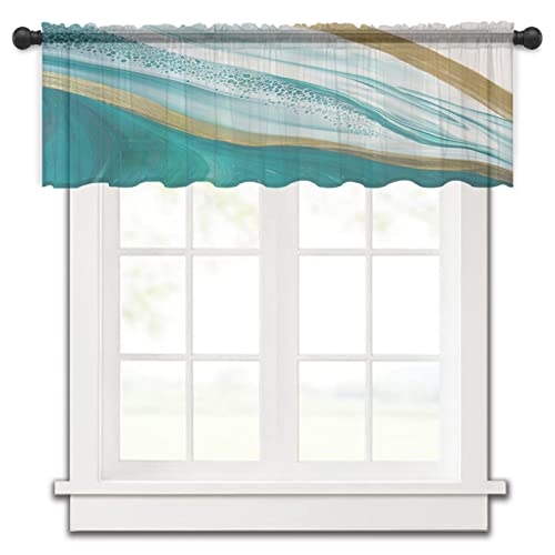 Abstract Semi Sheer Curtain Valance for Kitchen Windows Turquoise White Gold Marble Texture Chiffon Rod Pocket Half Window Curtains Topper for Bathroom/Living Room/Bedroom Stone Fluid Art