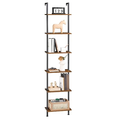 HOOBRO DIY Ladder Shelf, 6-Tier Wooden Wall Mounted Bookshelf, Narrow Bookcase, Display Shelf, Storage Rack, Plant Stand, for Living Room, Bedroom, Study, Balcony, Rustic Brown and Black BF651CJ01