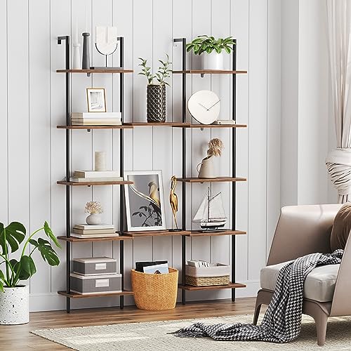 HOOBRO DIY Ladder Shelf, 6-Tier Wooden Wall Mounted Bookshelf, Narrow Bookcase, Display Shelf, Storage Rack, Plant Stand, for Living Room, Bedroom, Study, Balcony, Rustic Brown and Black BF651CJ01