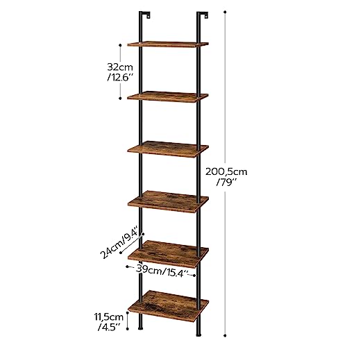 HOOBRO DIY Ladder Shelf, 6-Tier Wooden Wall Mounted Bookshelf, Narrow Bookcase, Display Shelf, Storage Rack, Plant Stand, for Living Room, Bedroom, Study, Balcony, Rustic Brown and Black BF651CJ01