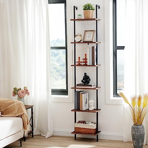 HOOBRO DIY Ladder Shelf, 6-Tier Wooden Wall Mounted Bookshelf, Narrow Bookcase, Display Shelf, Storage Rack, Plant Stand, for Living Room, Bedroom, Study, Balcony, Rustic Brown and Black BF651CJ01