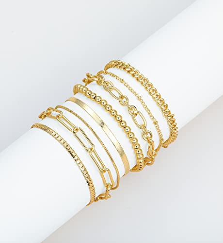 Gold Bracelets for Women, 14K Gold Plated Dainty Bracelets Set, Layered Chain Bracelets Pack Jewelry Gifts (B-8 pack gold bracelets)