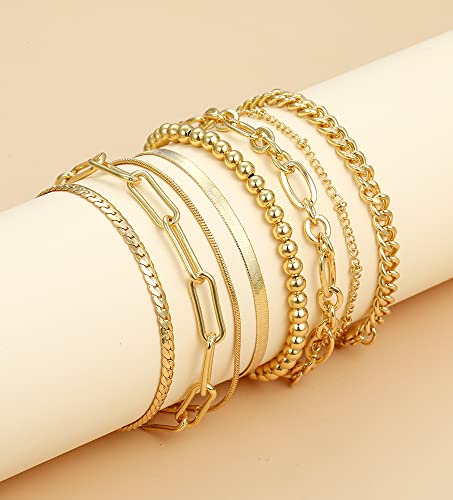 Gold Bracelets for Women, 14K Gold Plated Dainty Bracelets Set, Layered Chain Bracelets Pack Jewelry Gifts (B-8 pack gold bracelets)