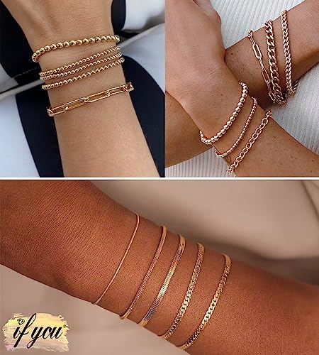 Gold Bracelets for Women, 14K Gold Plated Dainty Bracelets Set, Layered Chain Bracelets Pack Jewelry Gifts (B-8 pack gold bracelets)