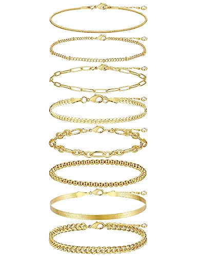 Gold Bracelets for Women, 14K Gold Plated Dainty Bracelets Set, Layered Chain Bracelets Pack Jewelry Gifts (B-8 pack gold bracelets)