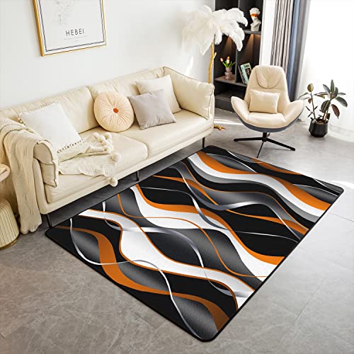 Orange Grey White Black Stripes Area Rug 3'x5' Geometric Living Room Rugs for Geometry Bedroom Home Decor Modern Striped Art Carpet Ultra Soft Non-Slip Indoor Floor Mat